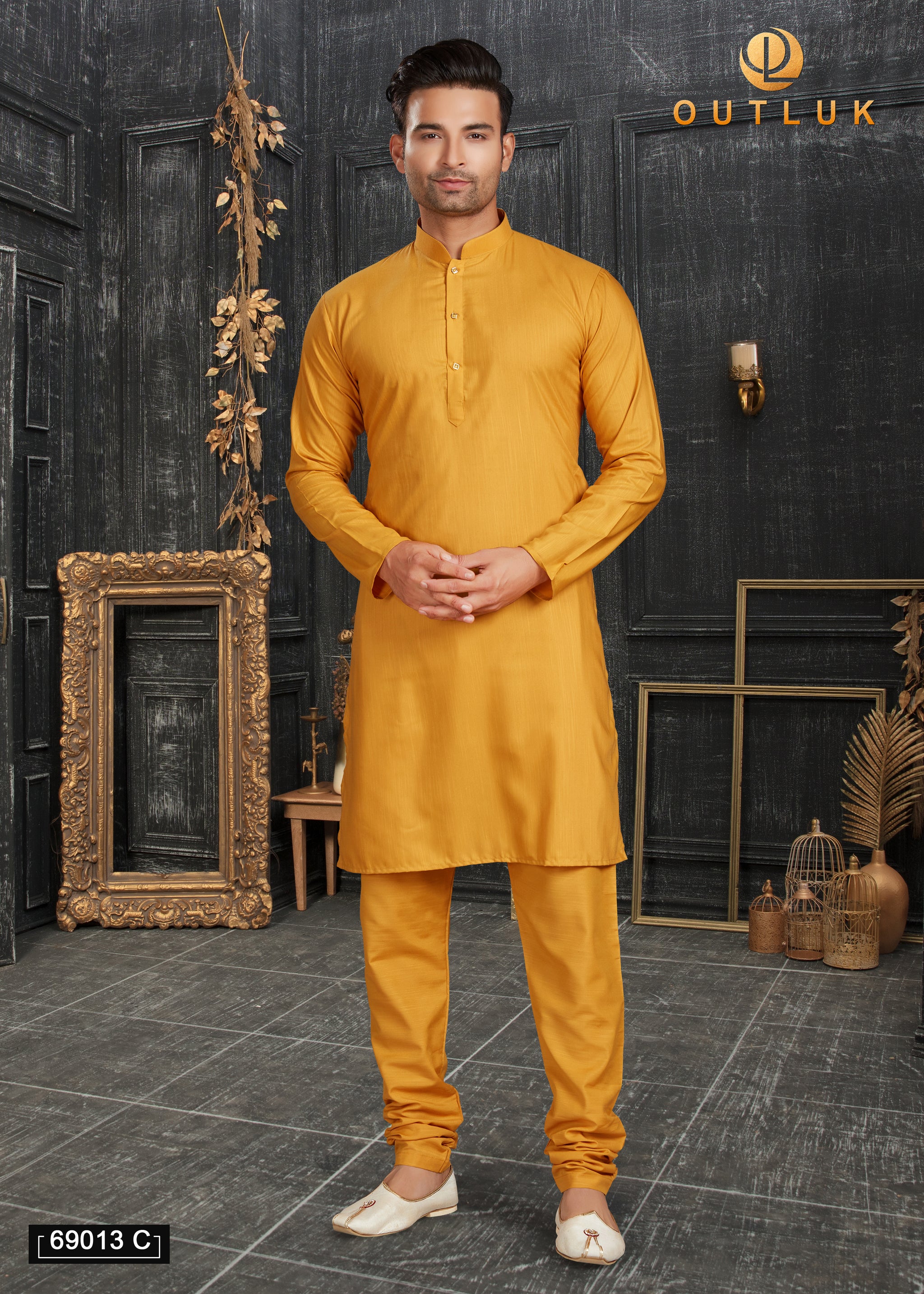Yellow Cotton Mens Kurta Pajama 69013 C