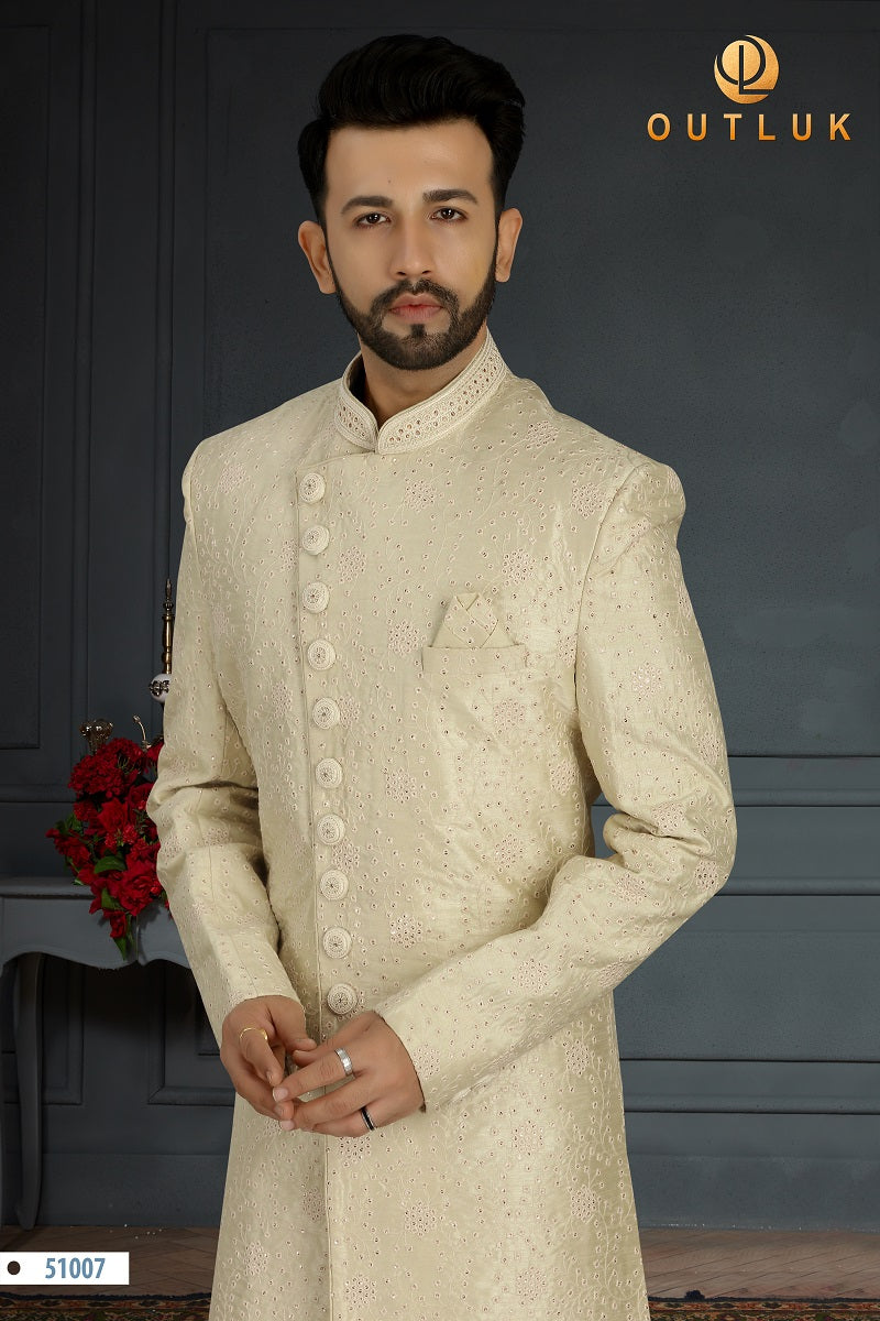 Beige Jacquard Silk Mens Sherwani 51007